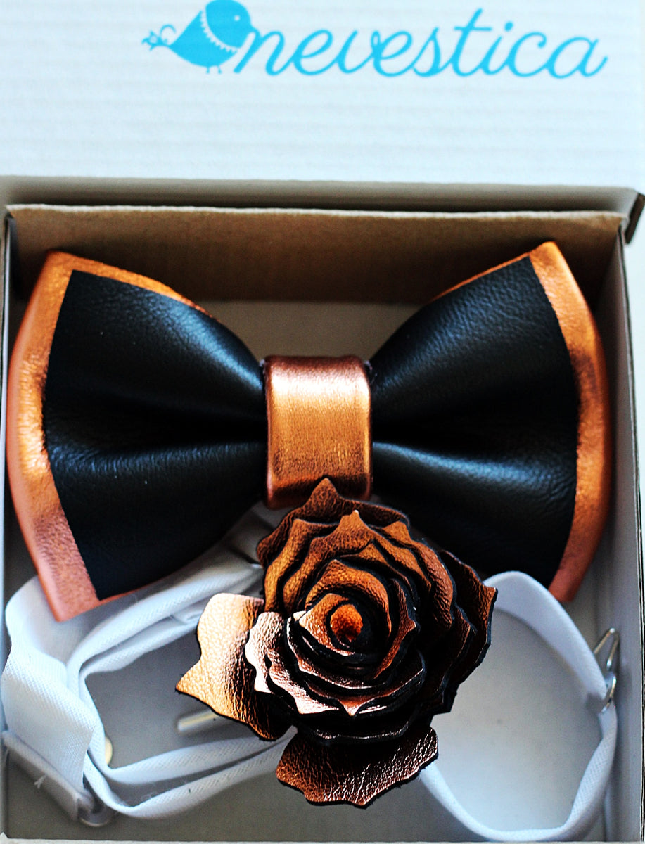 Black and copper bronze leather bow tie set