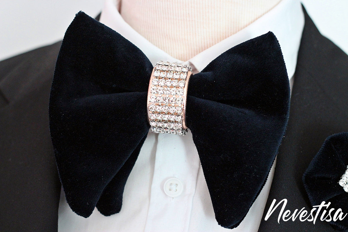 Black velvet oversized mens bow tie set, gold crystals