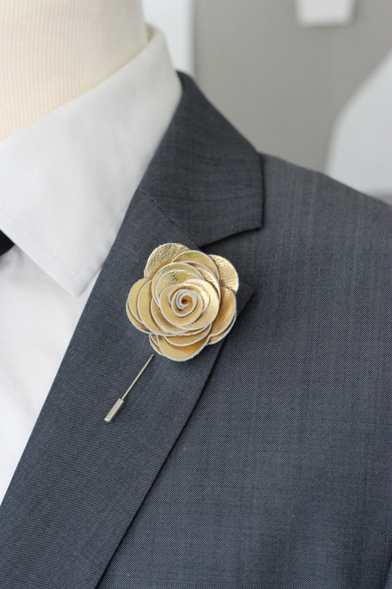 Gold leather lapel flower pin, boutonniere